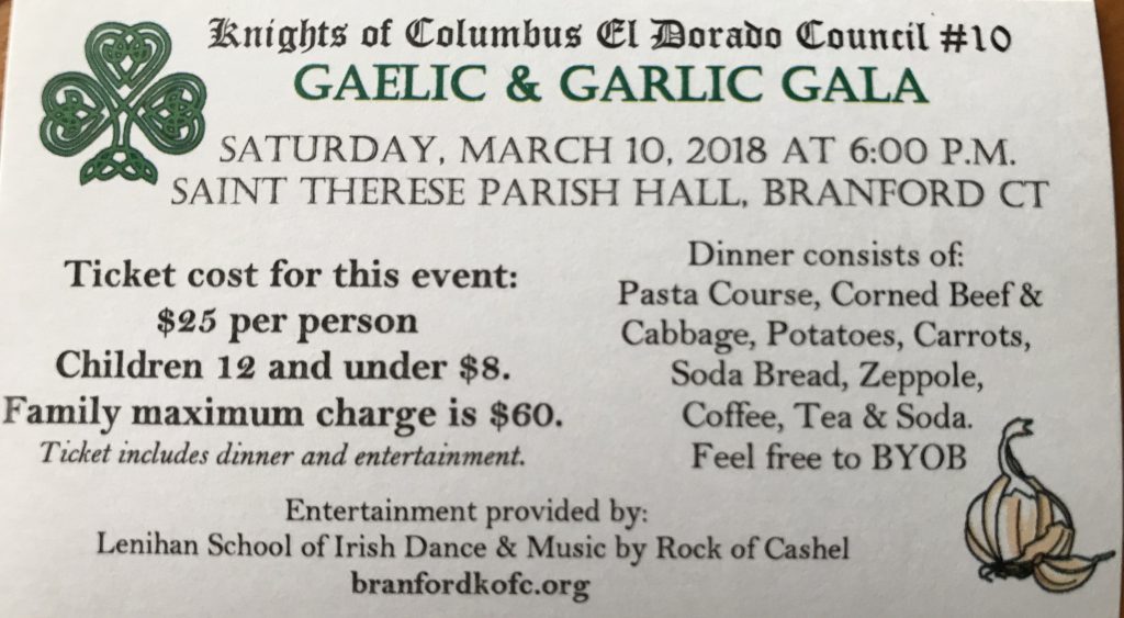 Gaelic and Garlic Gala March 10, 2018 – Branford Knights of Columbus ...